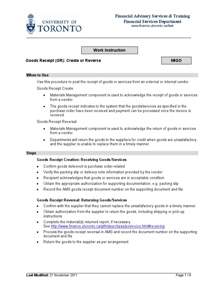 Goods Receipt Process in SAP MIGO | PDF | Receipt | Invoice