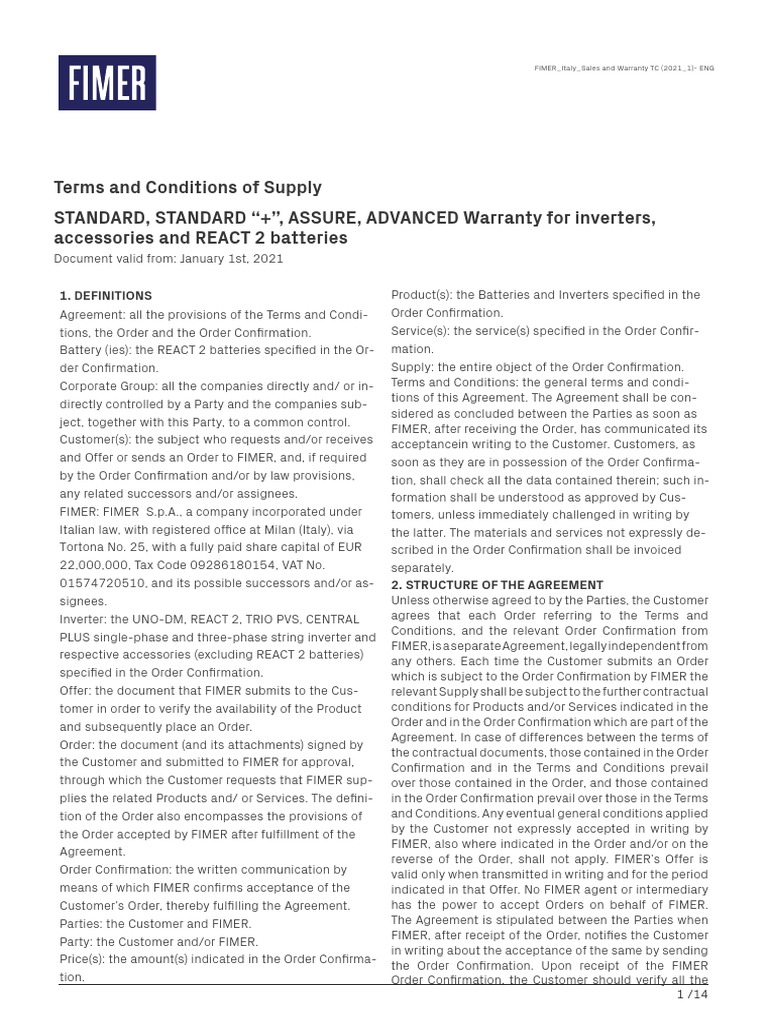 FIMER - Italy - Sales and Warranty TC (2021 - 1) - ENG | PDF | Receipt ...