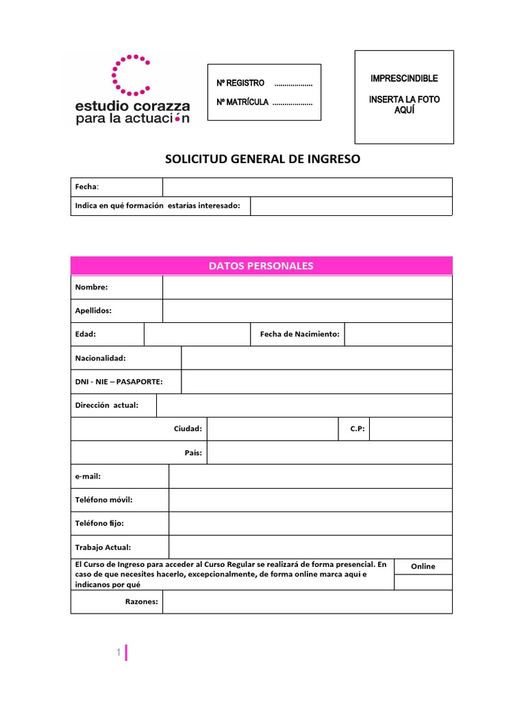 Solicitud General Ingreso Estudio Corazza | PDF