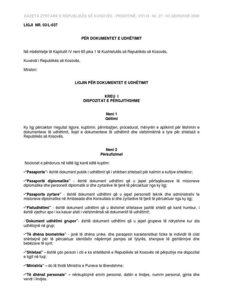 Ligji Nr. 03 L-037 Për Dokumentet e Udhëtimit | PDF