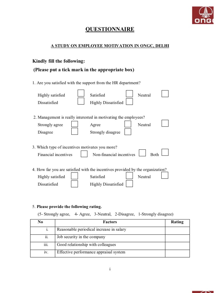 Questionnaire On Employee Motivation | PDF | Career & Growth | Finance ...