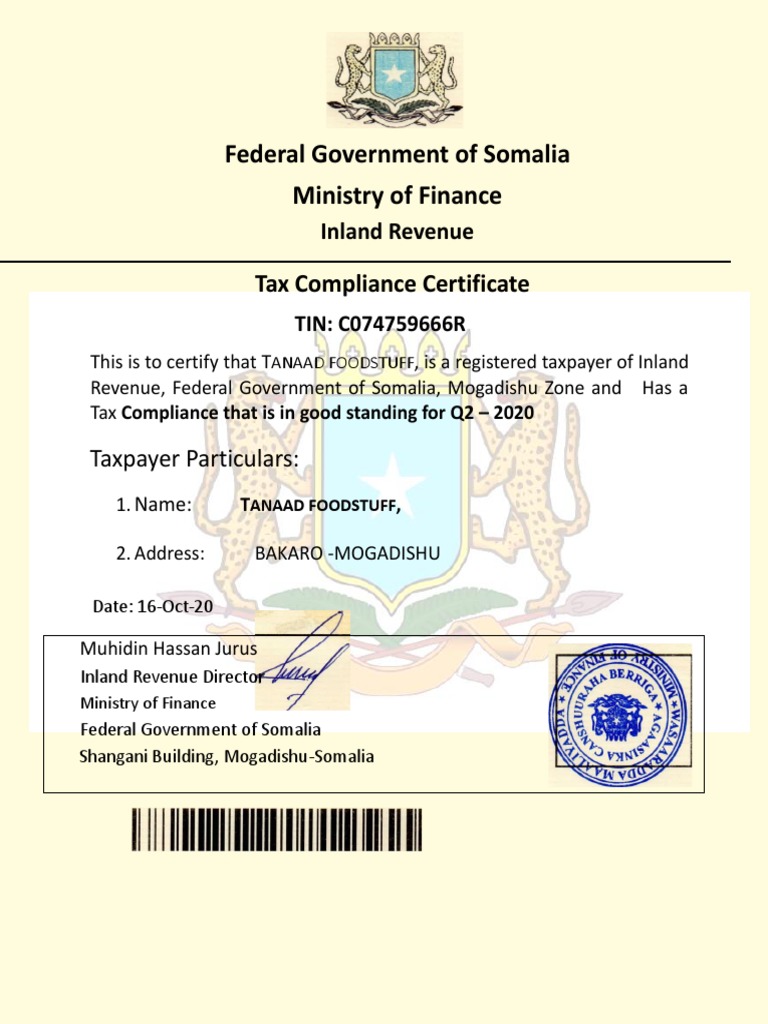 Tax Compliance Certificate for TANAAD FOODSTUFF for Q2-2020 Issued by ...