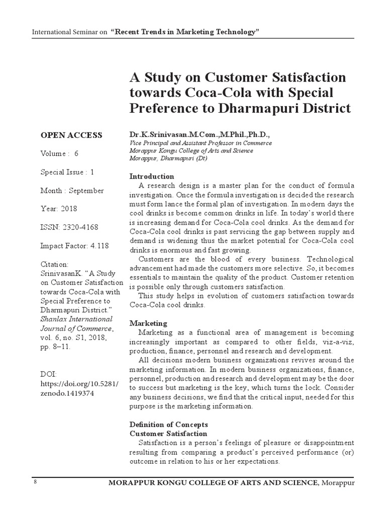 Customer Satisfaction Towards Coca-Cola: A Study on Preferences and Trends in the Dharmapuri ...