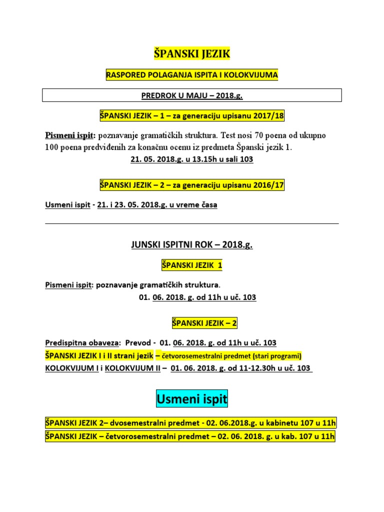 Španski Jezik: Usmeni Ispit | PDF
