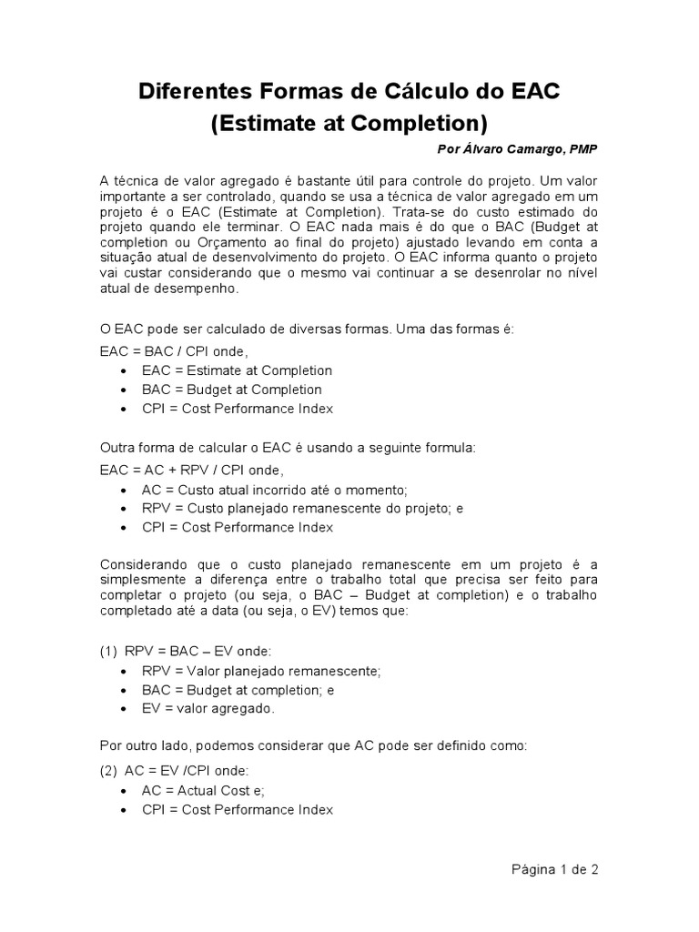 Diferentes Formas de Cálculo Do EAC | PDF