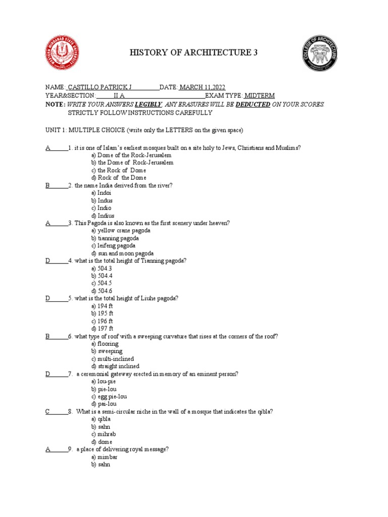 History of Architecture Midterm Exam | PDF | Mosque | Dome