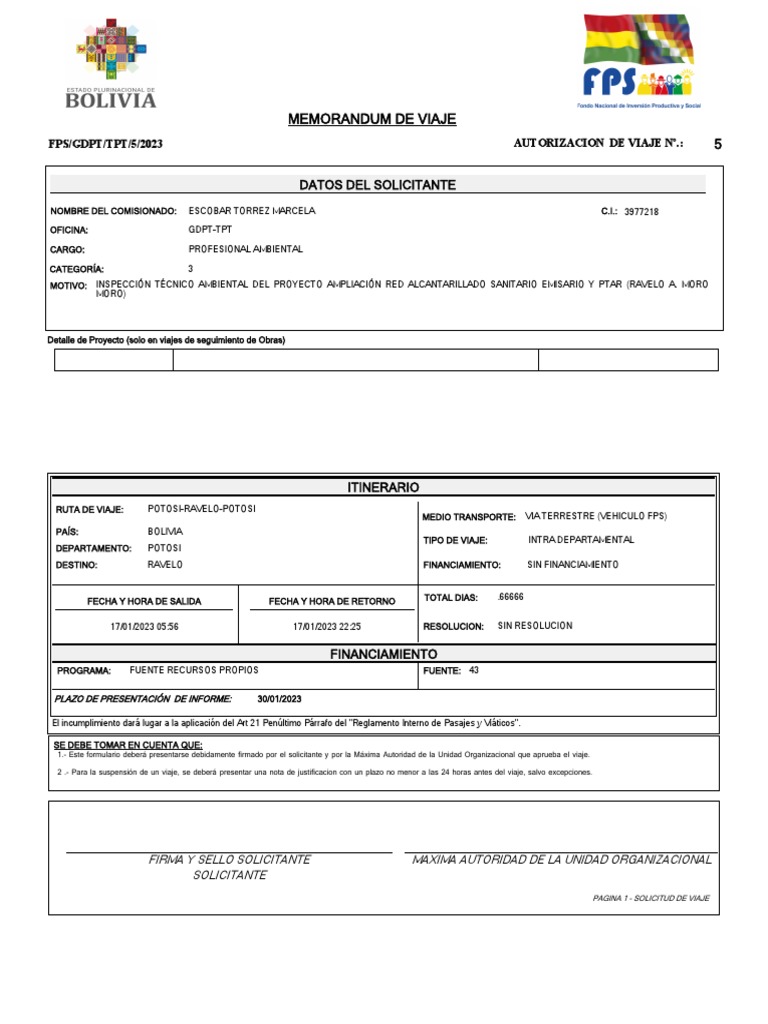 Formulario de Viaje #5-1 | PDF