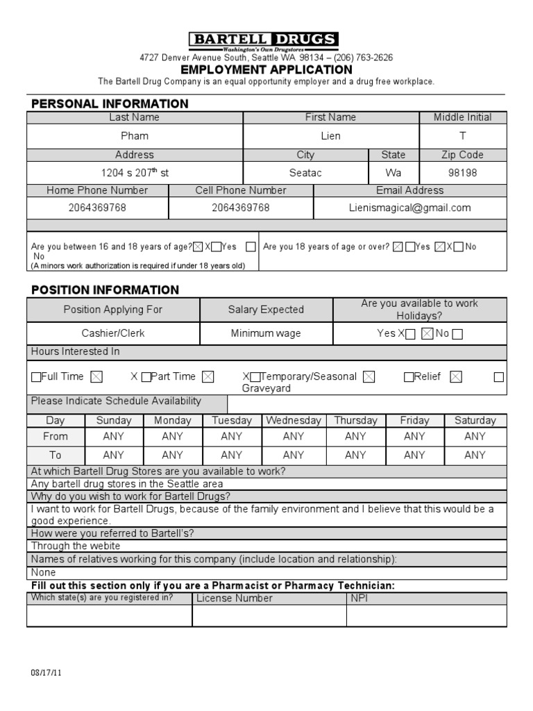 Bartell Drugs Employment Application | Criminal Record | Pharmacy
