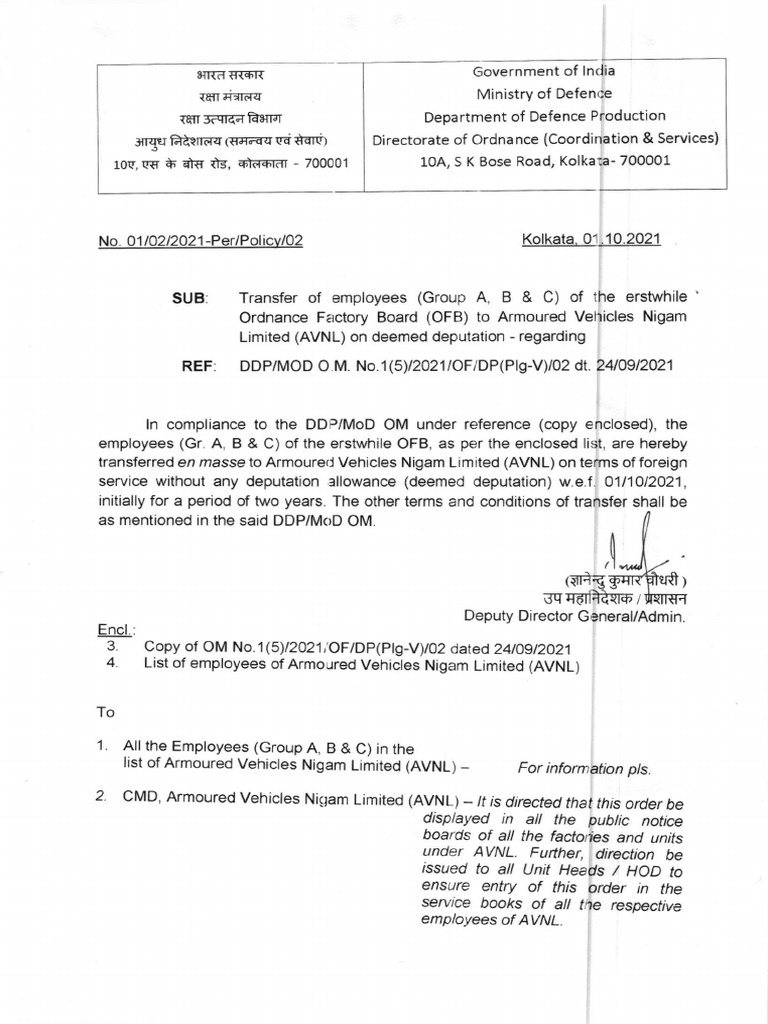 Avnl Order | PDF | Government Of India | Military