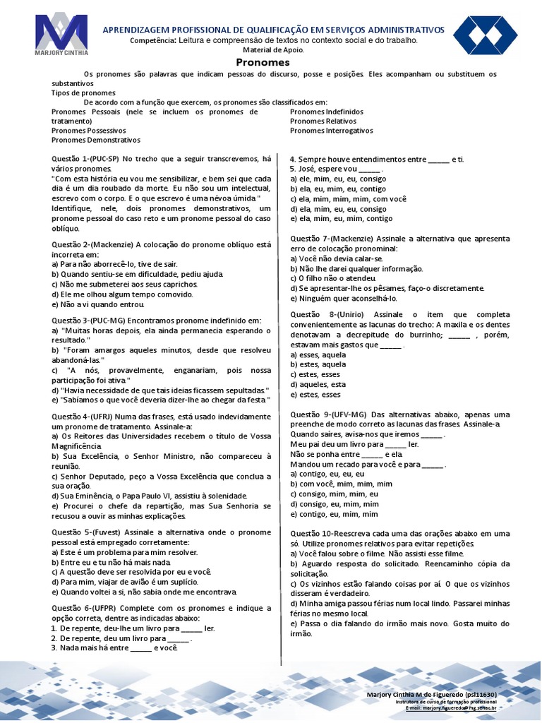 Exercicios Pronomes | PDF | Pronome | Linguística