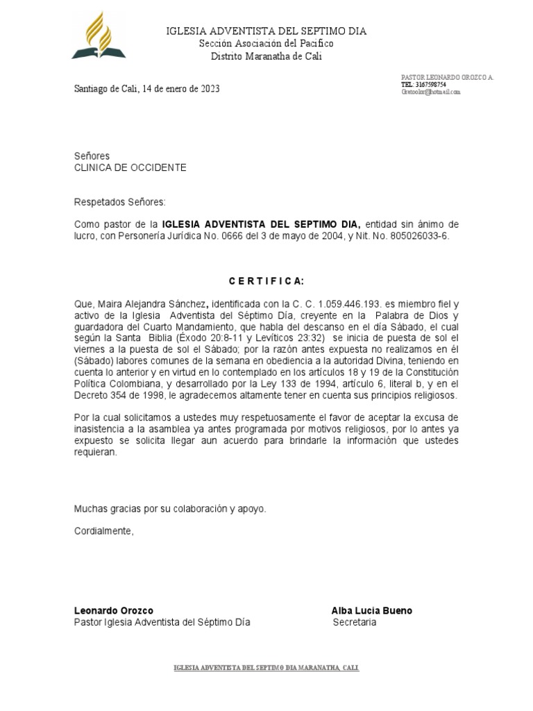 Carta De Recomendacion Adventista Soalan Upkk
