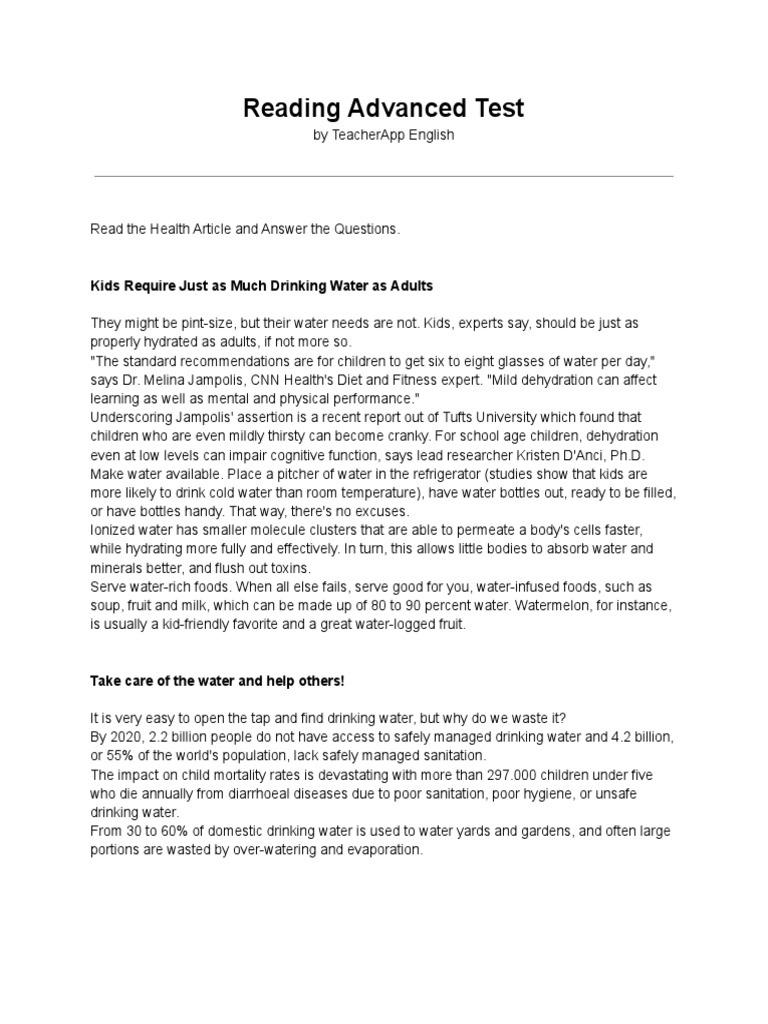 Reading Advanced Test | PDF | Water | Drinking Water