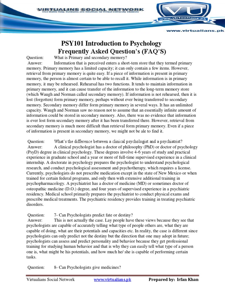 PSY101 Frequently Asked Questions With Answers | PDF | Psychology | Nervous System