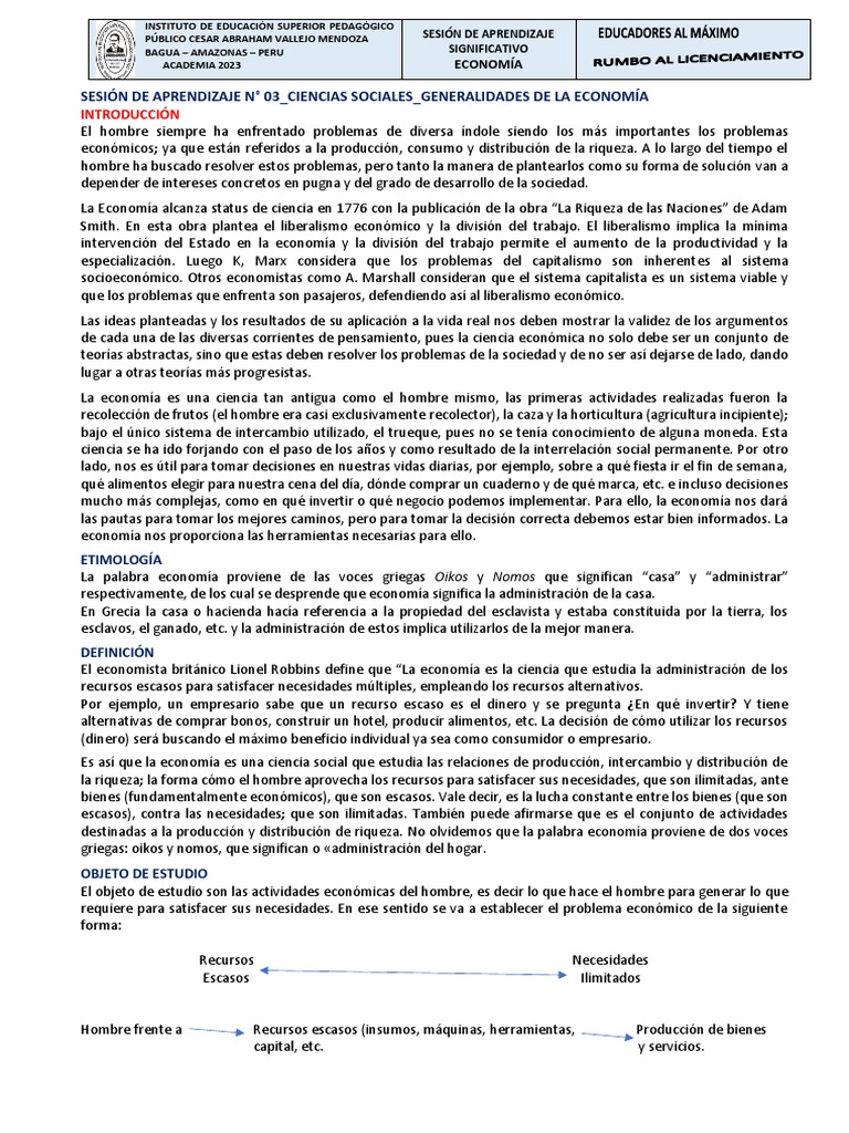 SESIÓN 3 - CCSS - Generalidades de La Economía | PDF | Ciencias ...