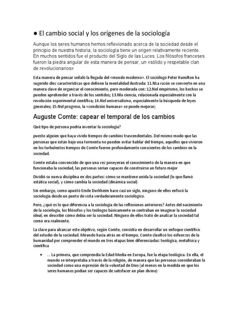 El Cambio Social y Los Orígenes de La Sociología | PDF | Sociología ...