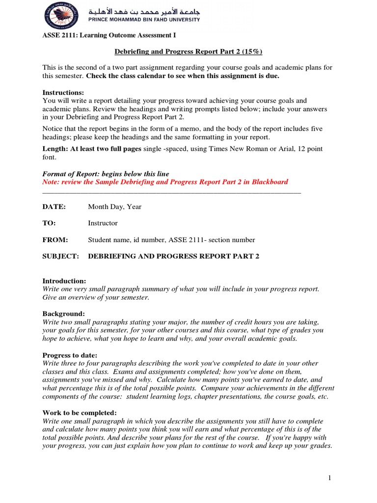 ASSE 2111 Debriefing and Progress Report 2 | PDF | Course Credit | Cognition