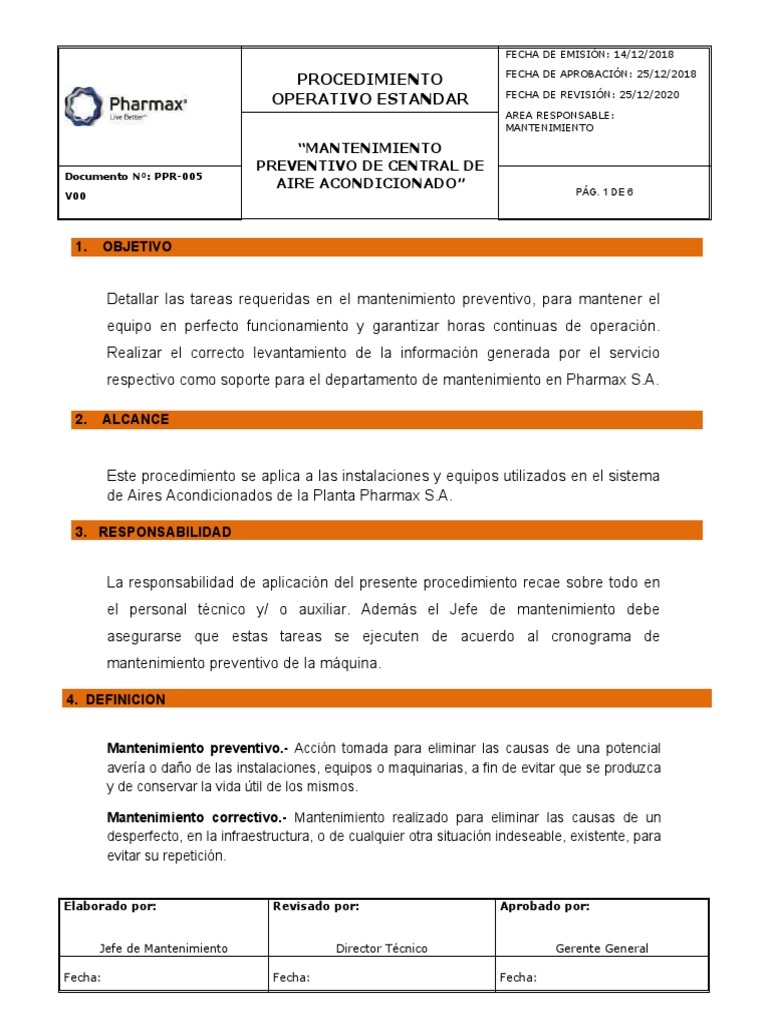 PPR-005-V00 "Mantenimiento Preventivo de Central de Aire Acondicionado | PDF | Ingenieria ...