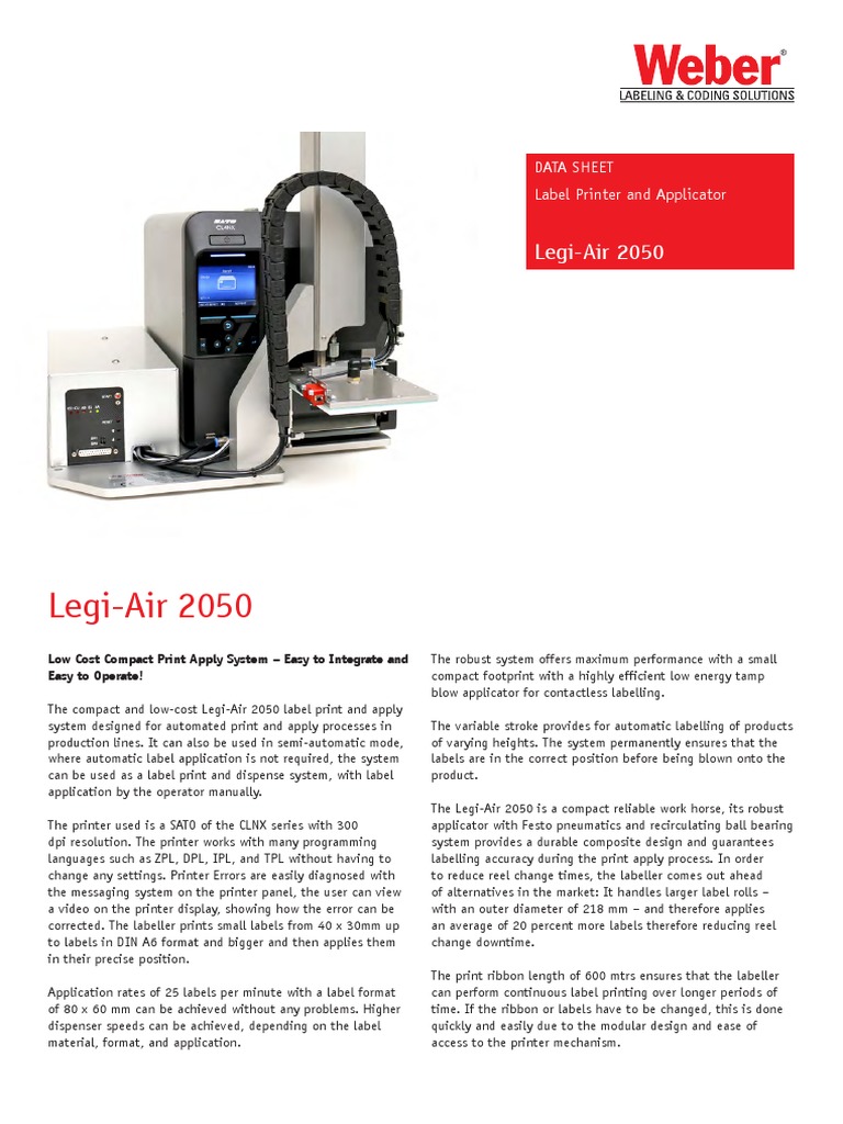 Label Printer Applicator - Legi Air 2050 - Weber Marking Systems ...