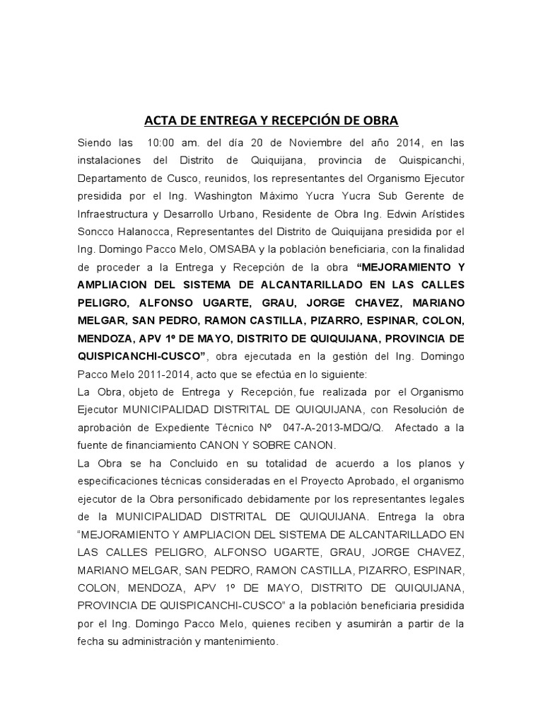 Acta de Entrega y Recepción de Obra Ed | PDF | Gobierno
