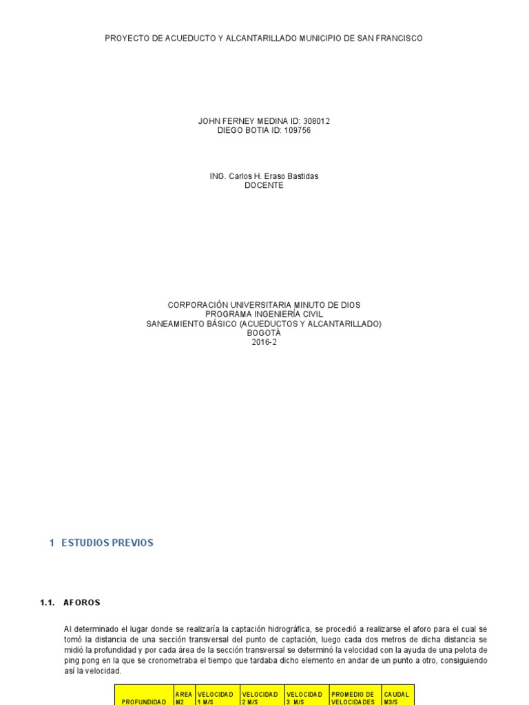Proyecto de acueducto y alcantarillado para el municipio de San Francisco: Estudios previos ...