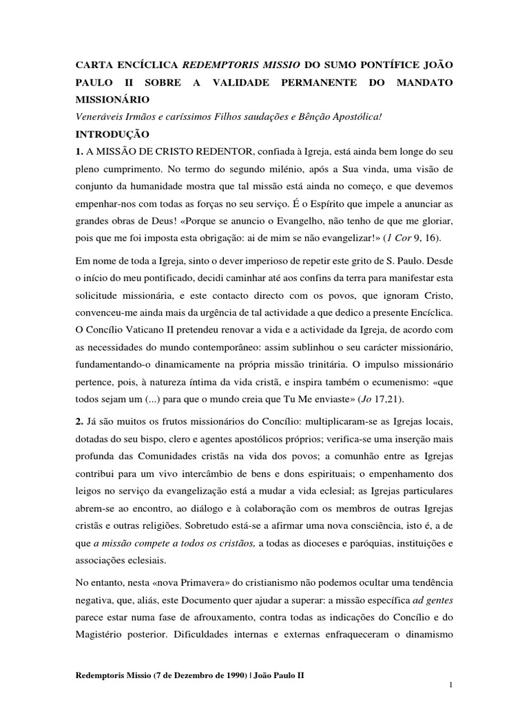 Encíclica Redemptoris Missio - Papa João Paulo II | PDF | Jesus | O ...