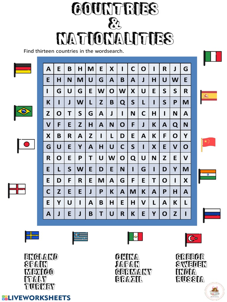 Find Thirteen Countries in The Wordsearch | PDF
