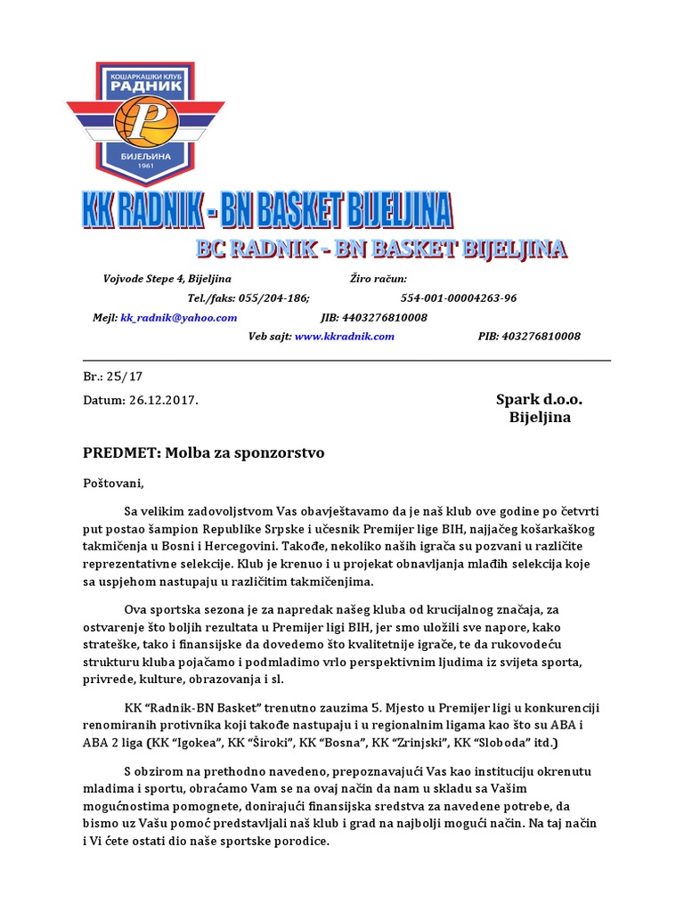Molba Za Sponzorstvo | PDF