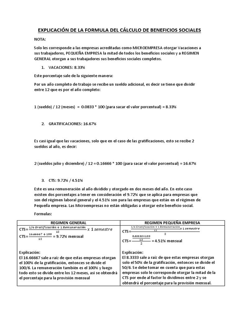 Explicación de La Formula Del Cálculo de Beneficios Sociales | PDF ...