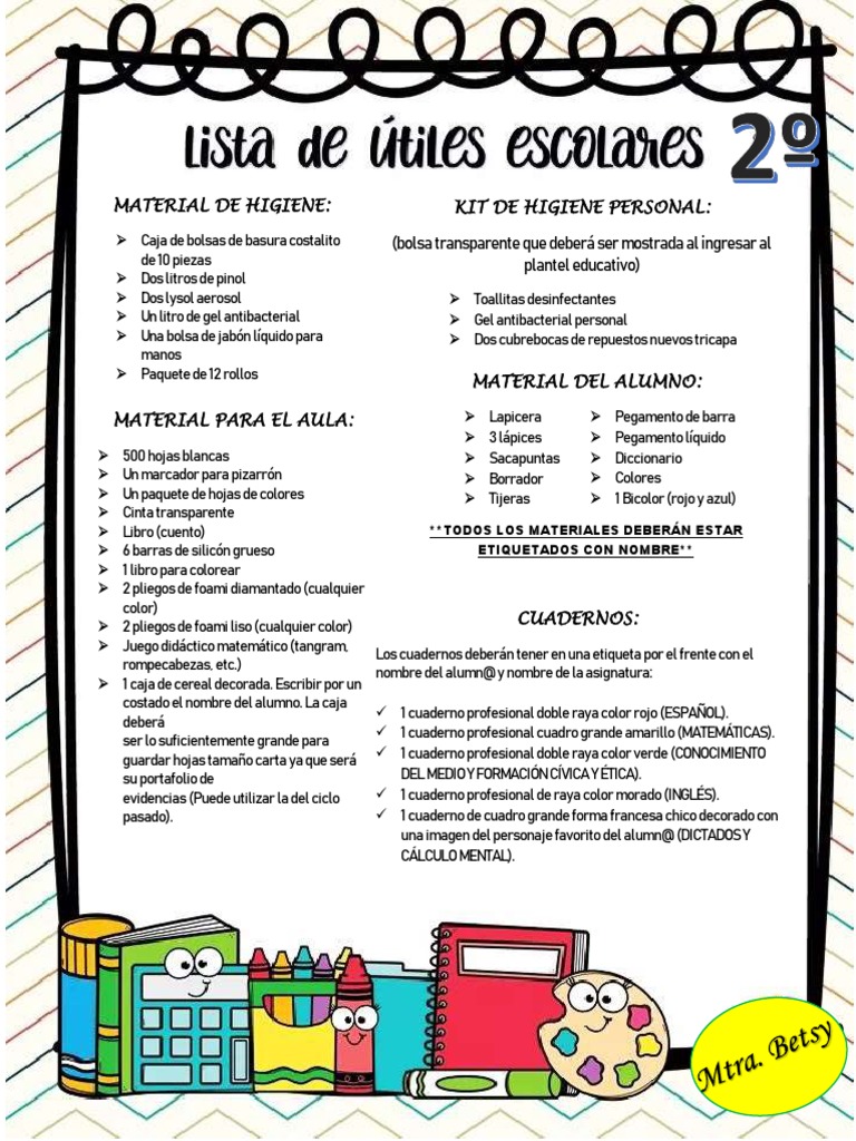 Lista de Útiles Escolares - Segundo | PDF