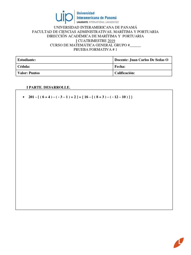 Uip-Prueba Formativa #1-Matemática General-I Cuatrimestre 2019 | PDF