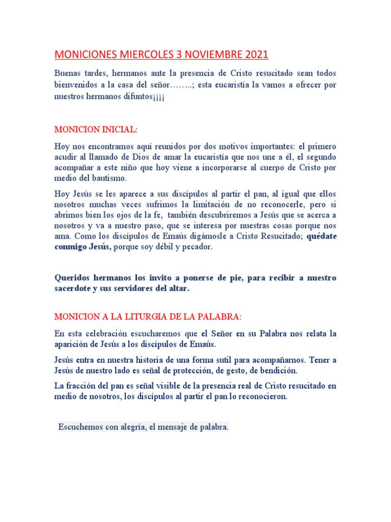 Moniciones para Bautismo y Eucaristía | PDF | eucaristía | Misa (liturgia)