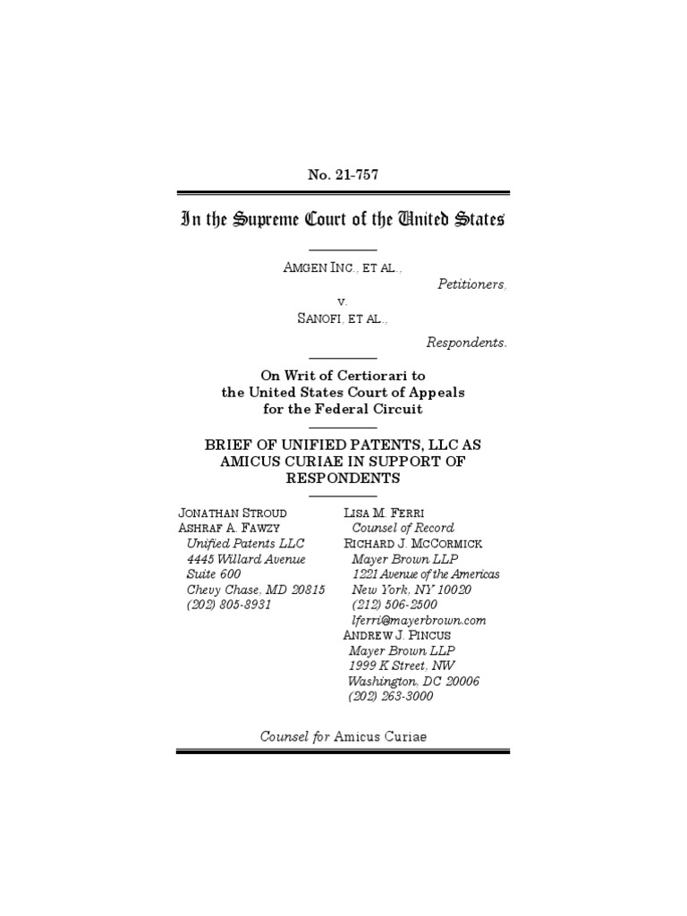 Amgen v. Sanofi 21-757 Brief of Amicus Unified Patents | PDF