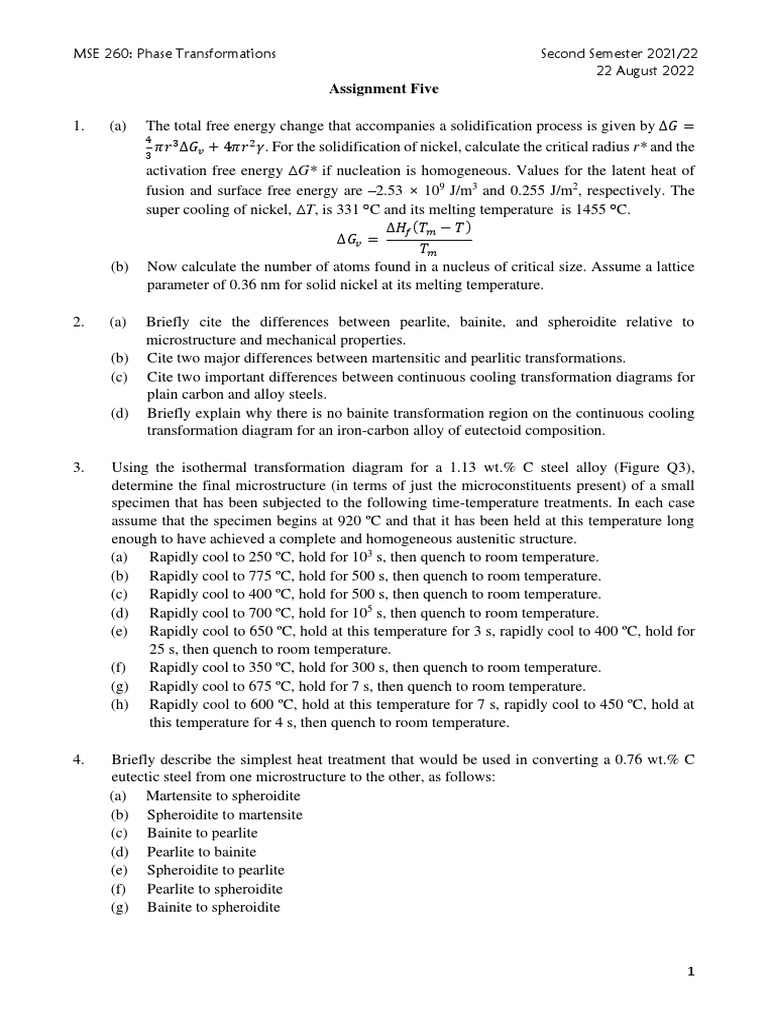 Phase Transformations Assignment | PDF | Applied And Interdisciplinary ...
