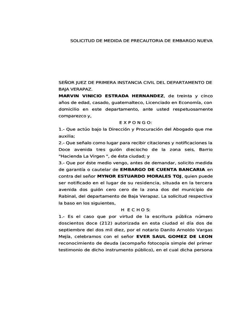 Solicitud de embargo precautorio de cuenta bancaria | PDF