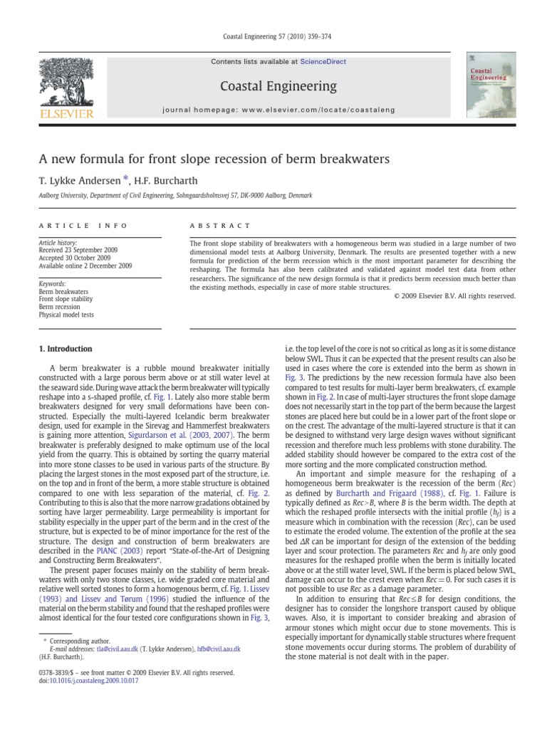 A New Formula For Front Slope Recession of Berm Breakwaters | PDF ...