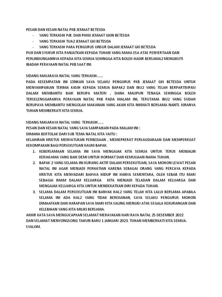 Pesan Dan Kesan Natal PKB Jemaat Betesda | PDF | Agama & Spiritualitas ...