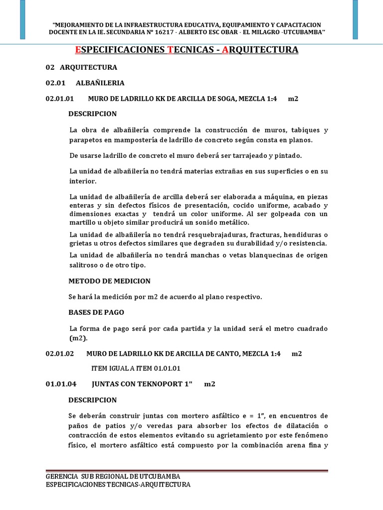 Especificaciones Tecnicas Arquitectura..... Ok | PDF | Hormigón | Ladrillo