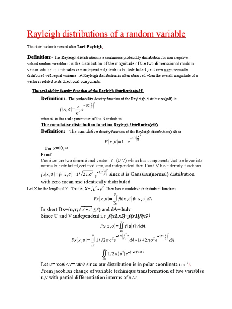 Rayleigh Distributions of A Random Variable | PDF | Probability Density Function | Statistical ...