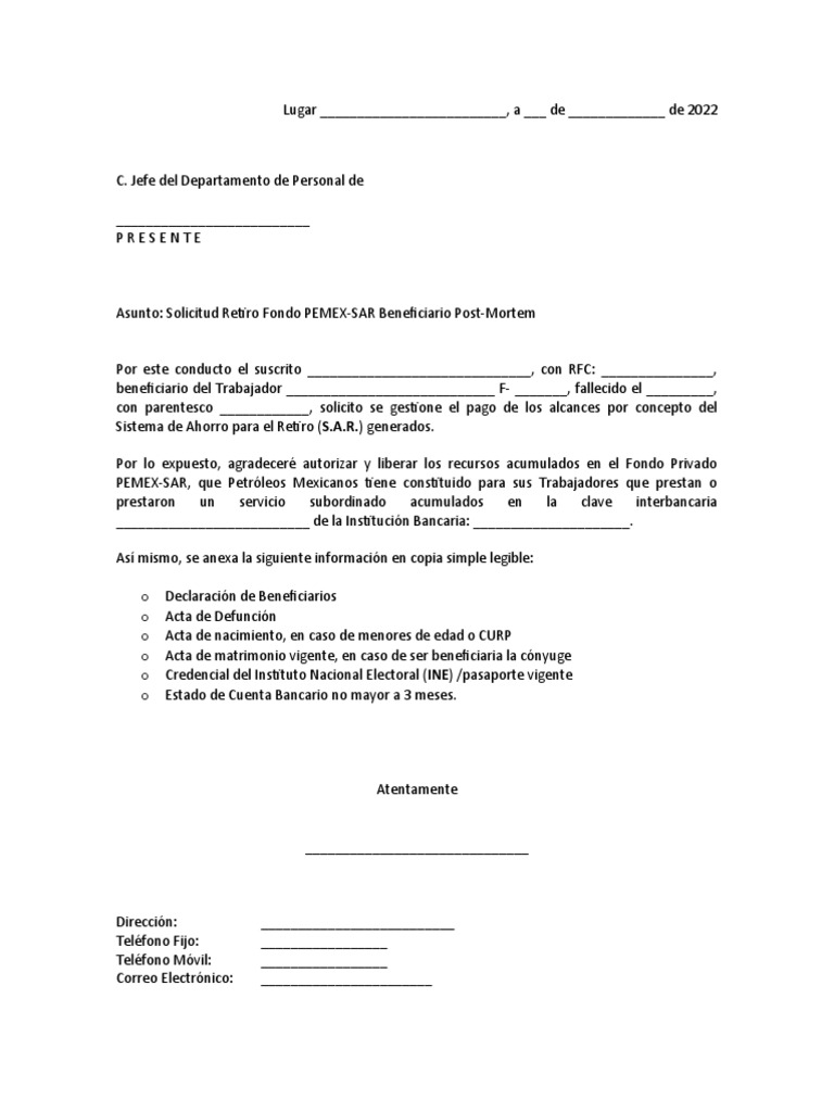 Solicitud de Retiro SAR Post-Mortem PEMEX | PDF