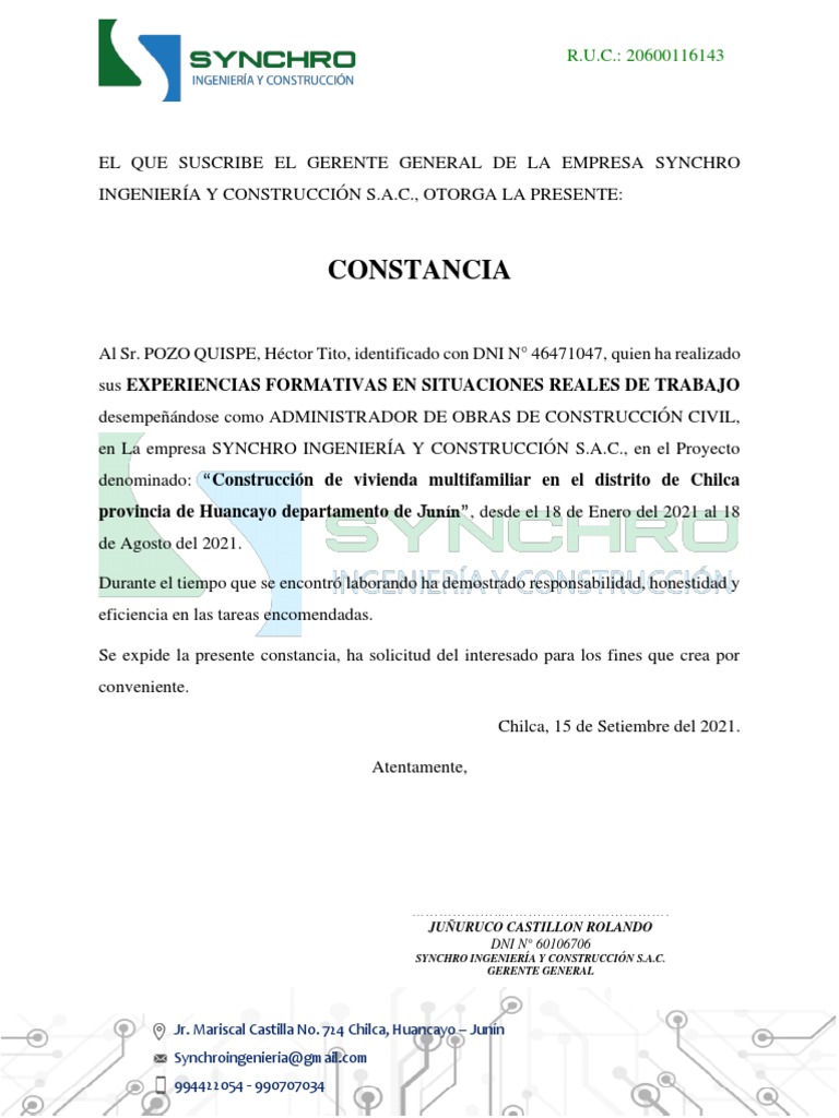 Constancia de experiencia laboral en construcción civil emitida por Synchro Ingeniería y ...