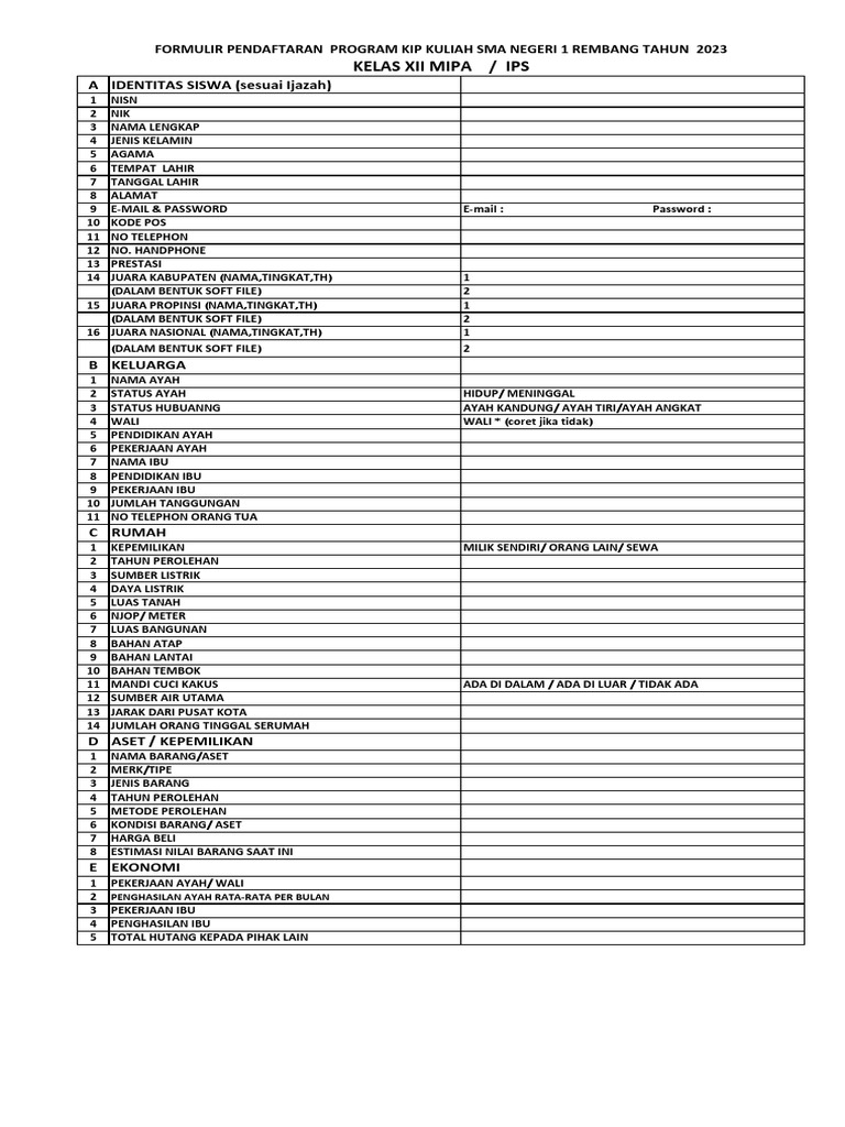 Form Kip Kuliah 2023 | PDF