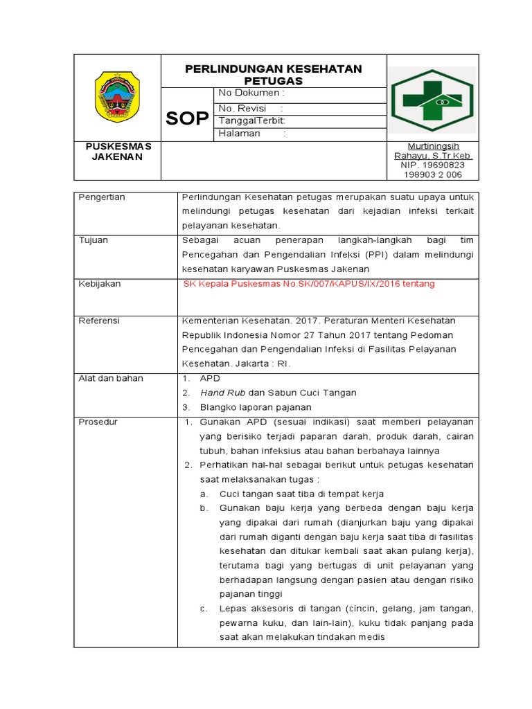 Sop Perlindungan Kesehatan Petugas | PDF