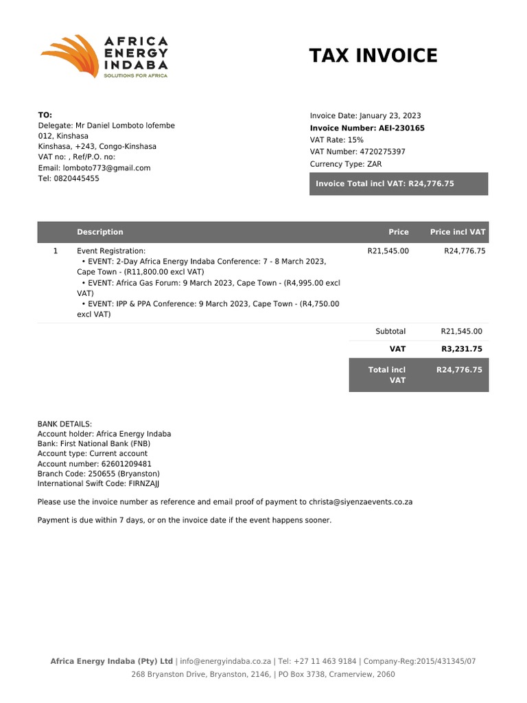 Tax Invoice for Energy Events in Cape Town | PDF