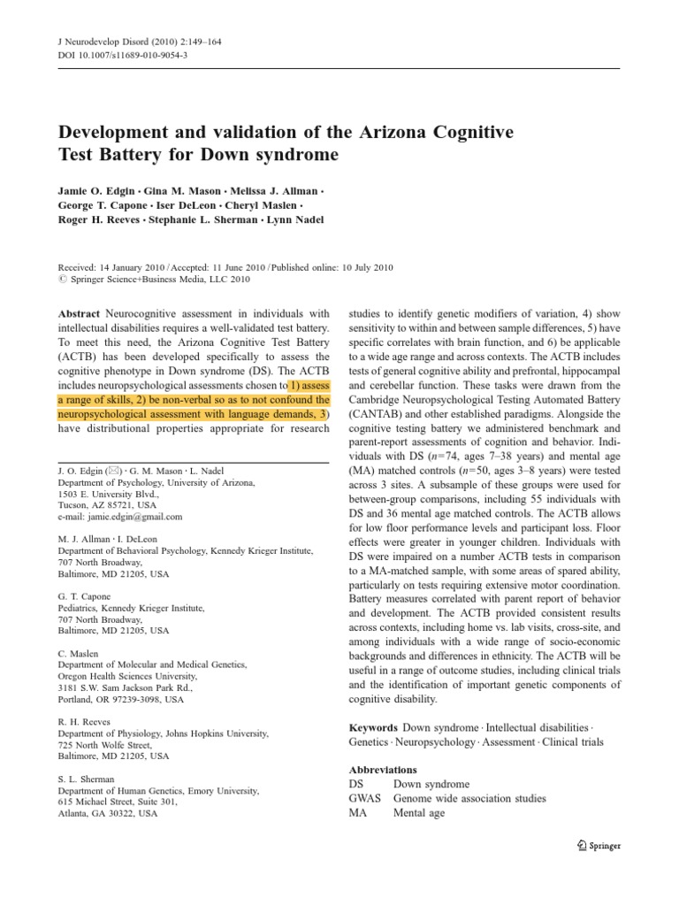 Arizona Cognitiva Test Battery For Down Syndrome | PDF | Intelligence ...