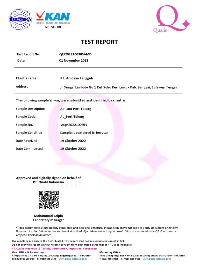 QF2022100440AMD - Adidaya Tangguh - Air Laut Port Tolong (AL - Fort Tolong) - E-COA | PDF ...