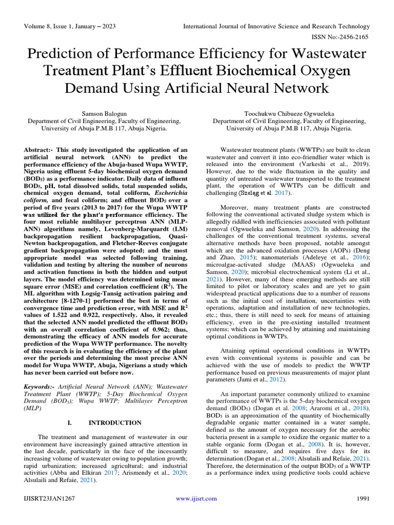Prediction of Performance Efficiency For Wastewater Treatment Plant's Effluent Biochemical ...