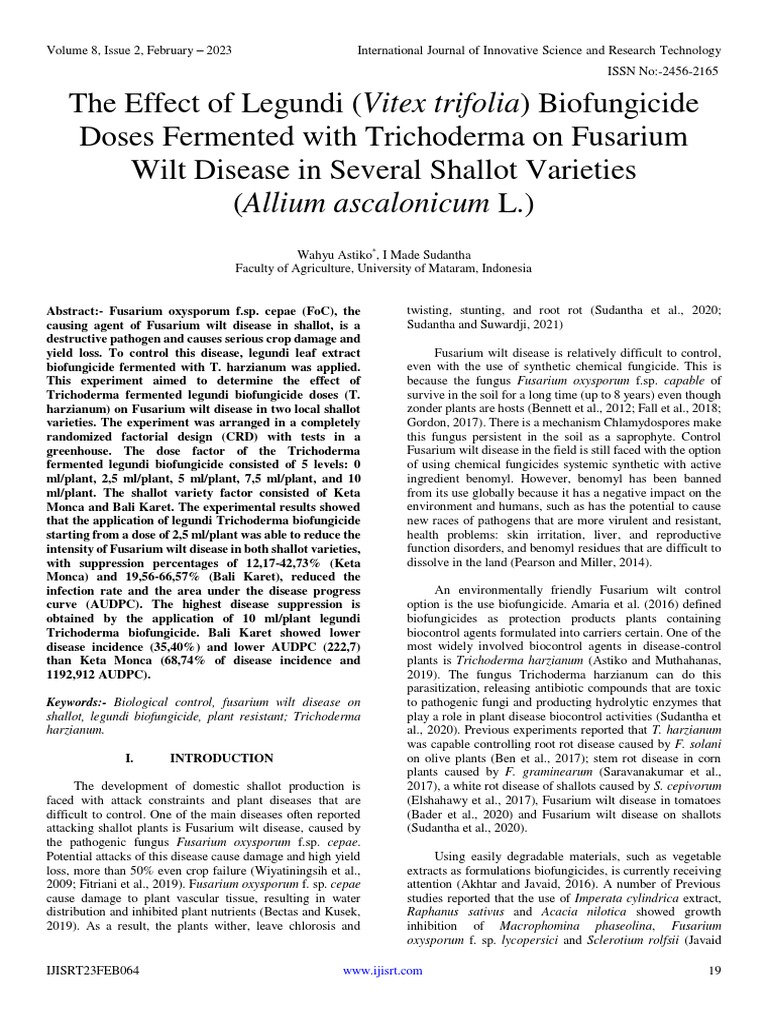 The Effect of Legundi (Vitex Trifolia) Biofungicide Doses Fermented With Trichoderma On Fusarium ...