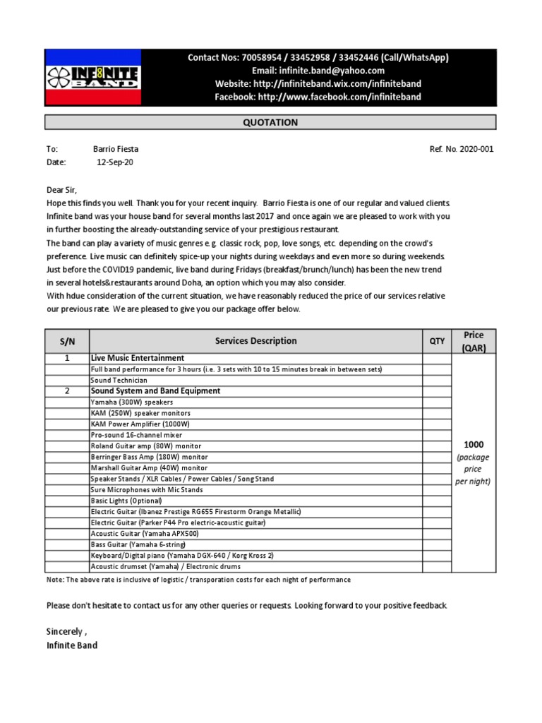 Quotation and Supporting Materials from Infinite Band Providing Live ...