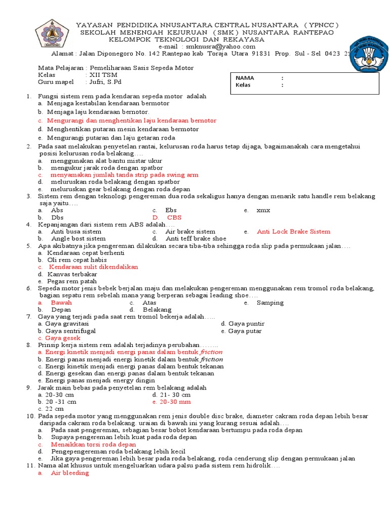Soal Pemeliharaan Sasis Motor | PDF | Metode & Bahan Ajar