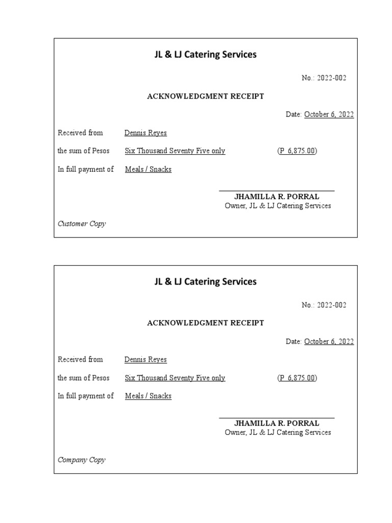 Catering Payment Acknowledgment Receipts | PDF | Receipt | Financial ...